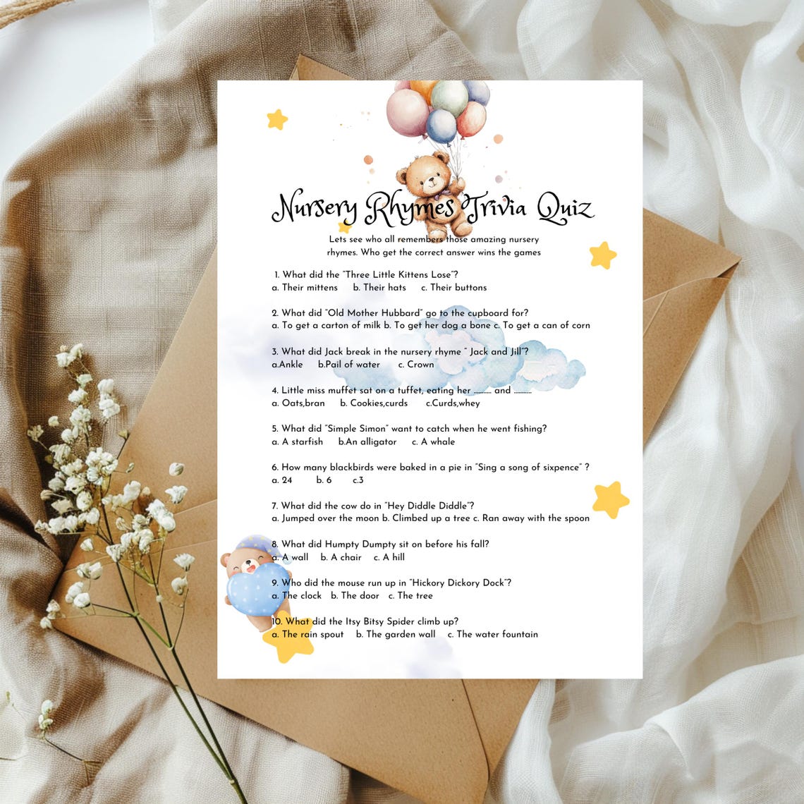 Nursery Rhyme Baby Shower Game Printable, Baby Shower Trivia Quiz ...