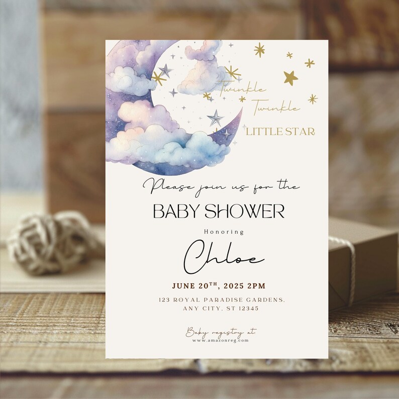 Twinkle Star Baby Shower Digital Invitation Card, Editable Moon and ...