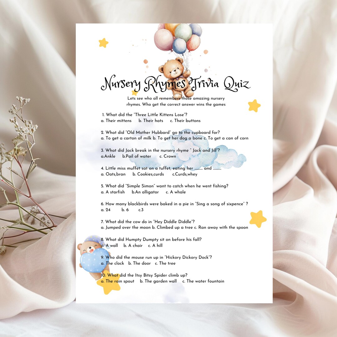 Nursery Rhyme Baby Shower Game Printable, Baby Shower Trivia Quiz ...