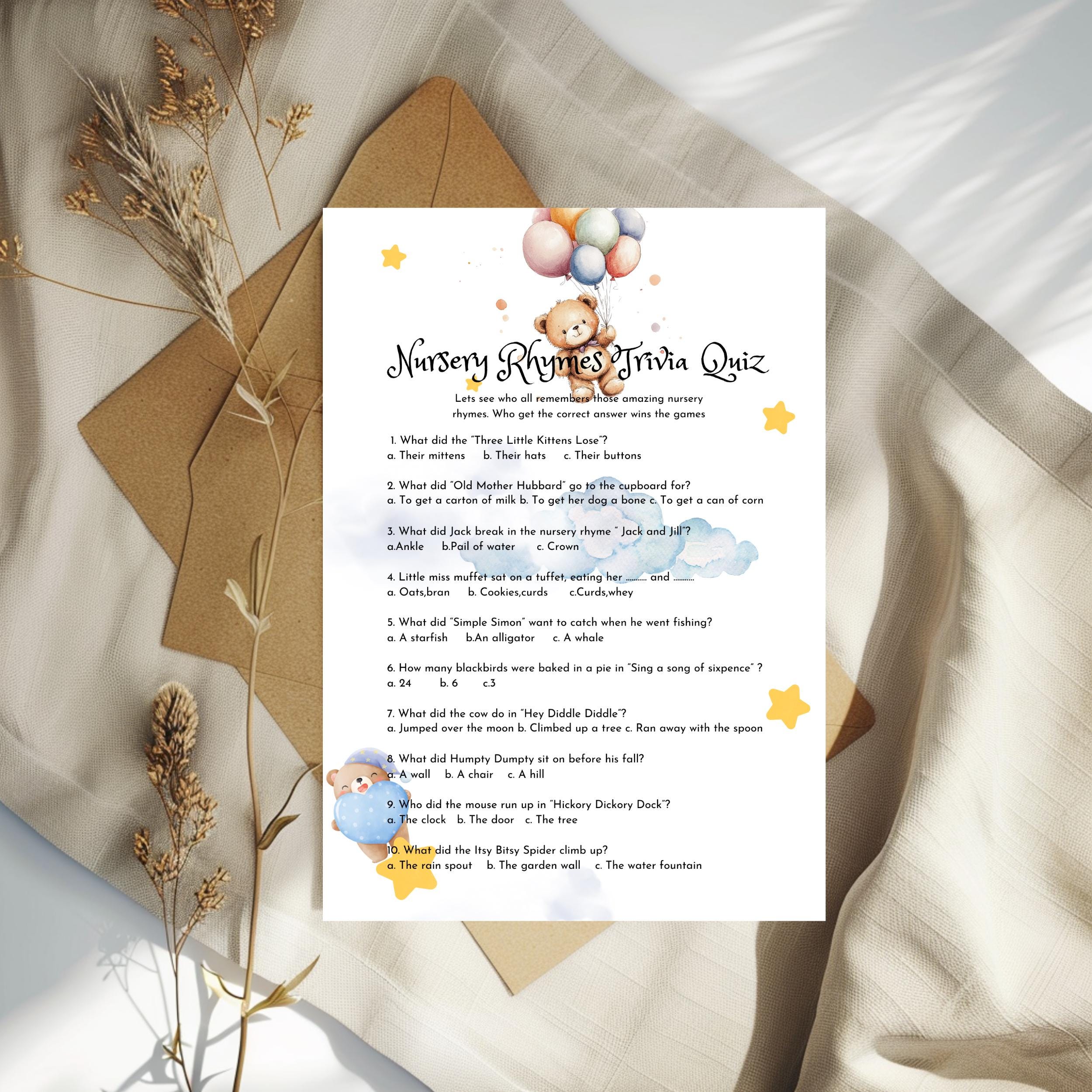 Nursery Rhyme Baby Shower Game Printable, Baby Shower Trivia Quiz ...