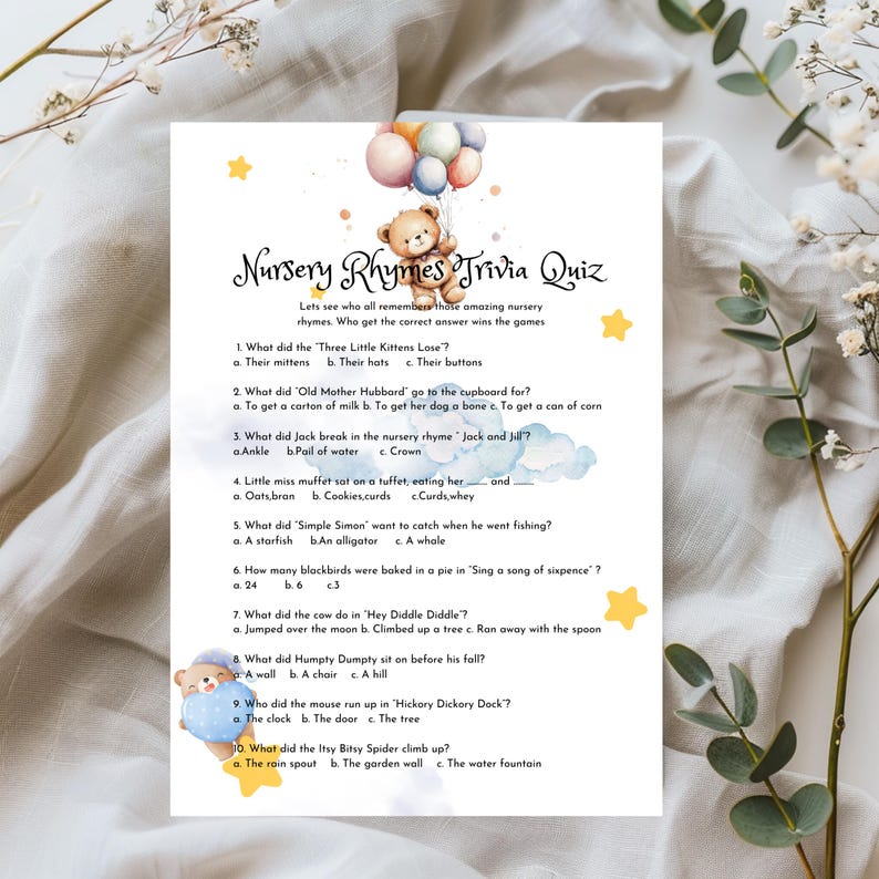 Nursery Rhyme Baby Shower Game Printable, Baby Shower Trivia Quiz ...