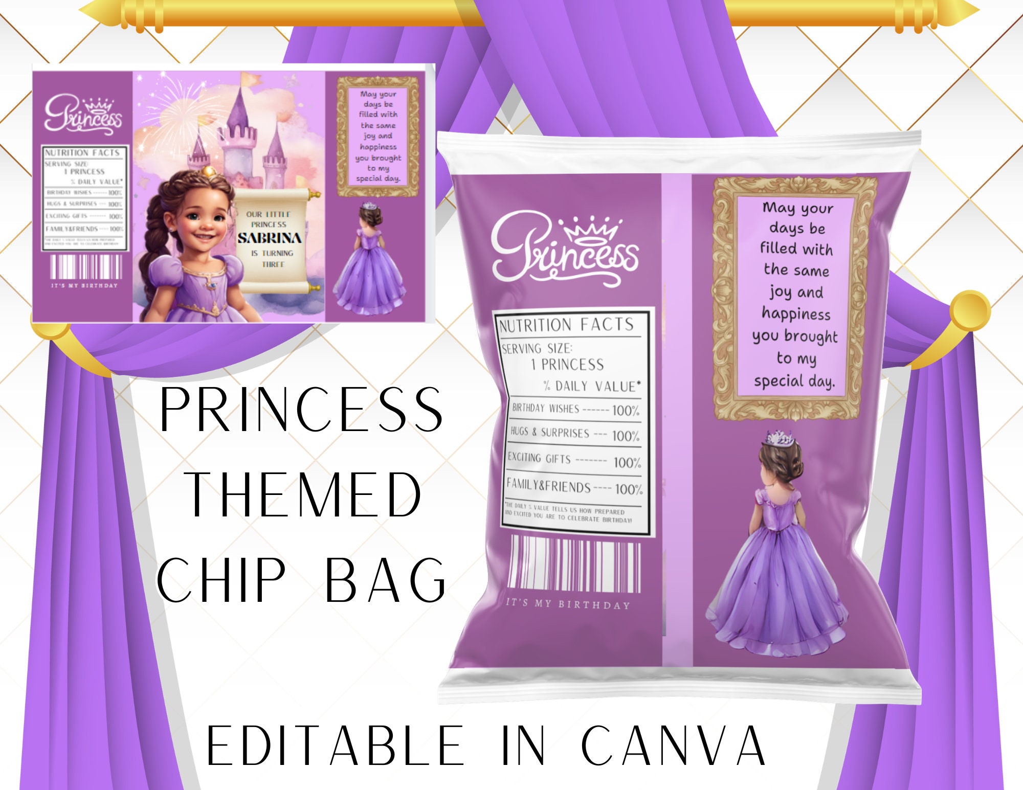 Editable Princess Chip Bag, Birthday Chip Bag, Princess Theme Birthday ...