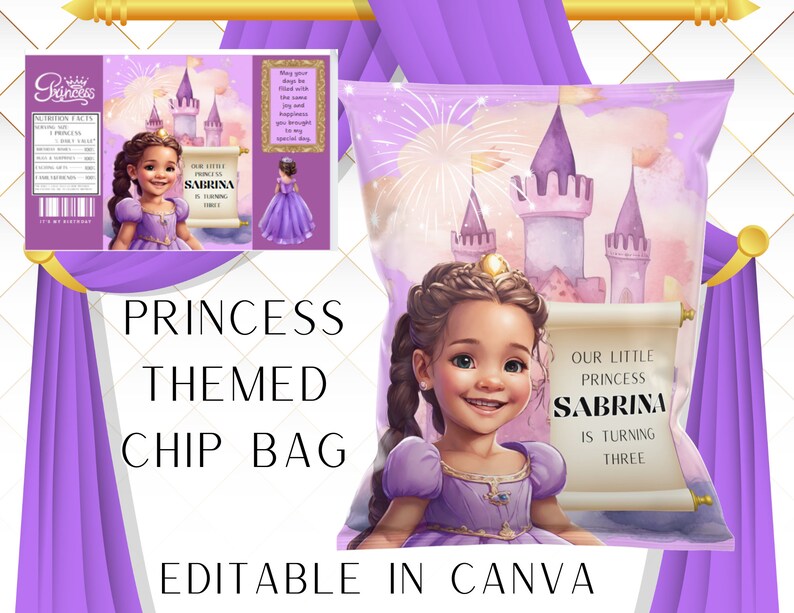 Editable Princess Chip Bag, Birthday Chip Bag, Princess Theme Birthday ...