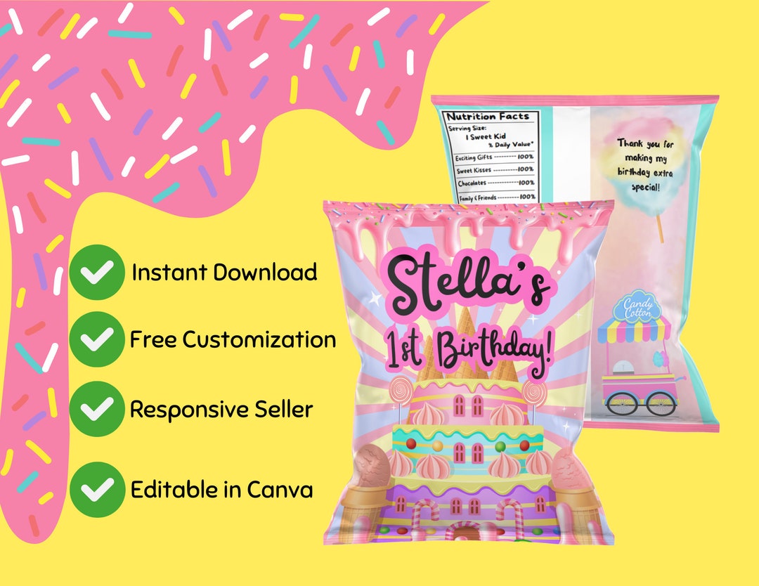 Editable Candyland Chip Bag, Birthday Chip Bag, Candyland Theme ...