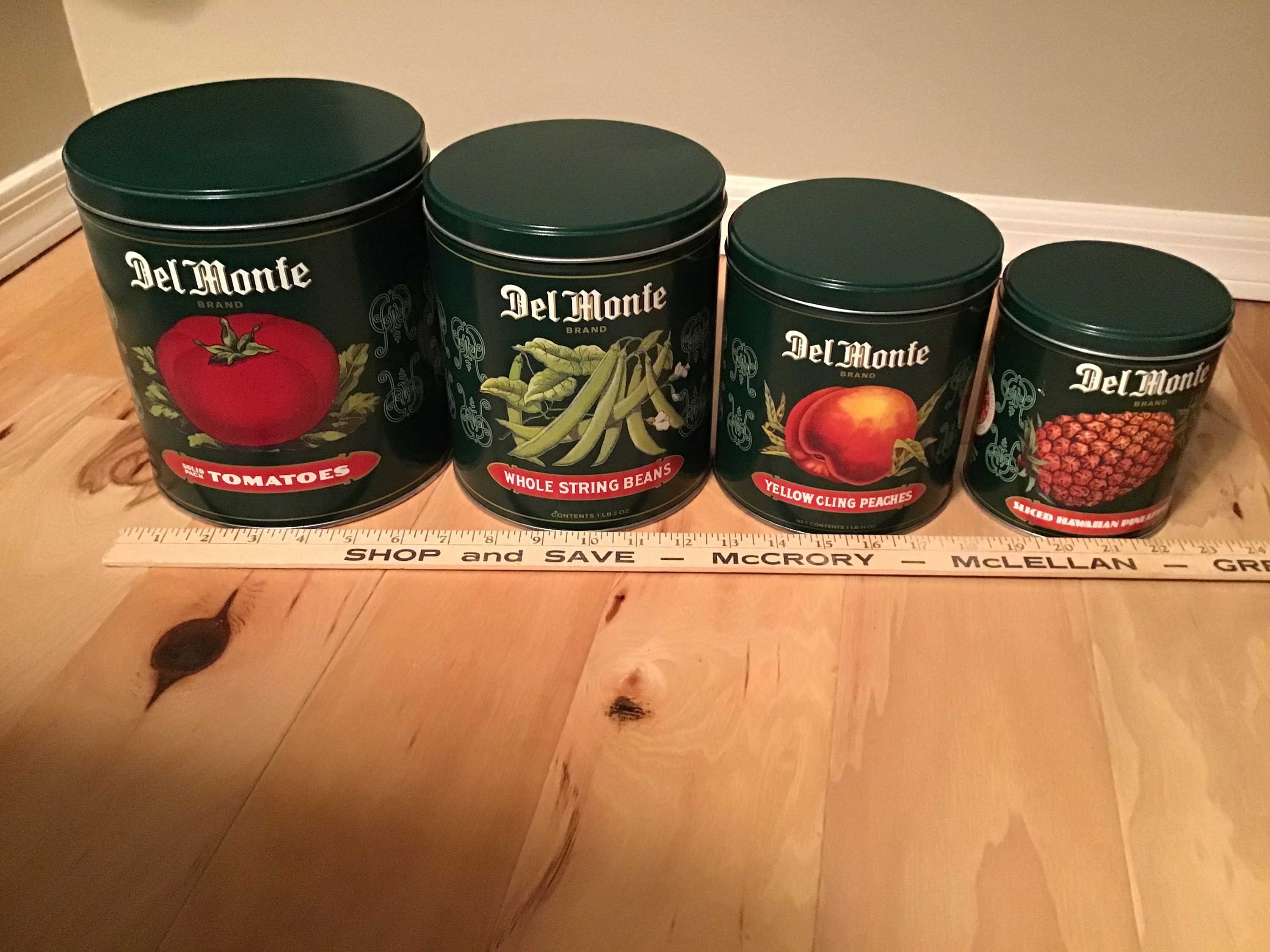 Del Monte Canister Set of 4 String Beans Tomatoes Peaches Pineapple ...
