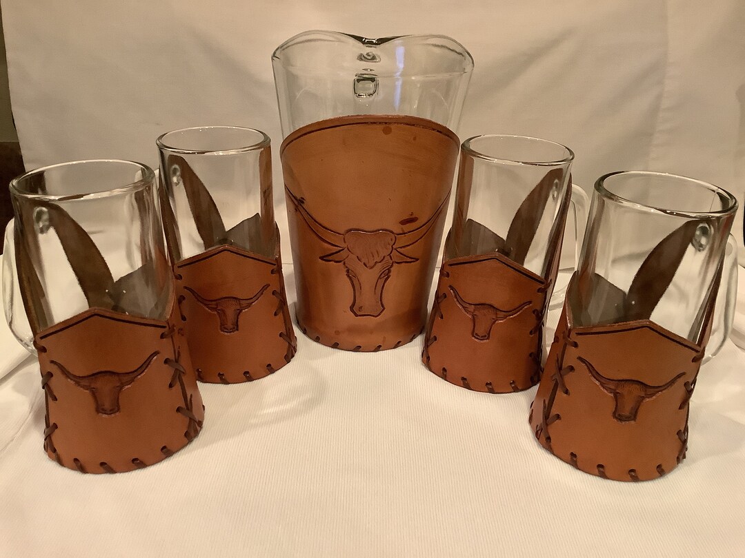 Tooled Leather Covered Western Ranch Cowboy Longhorn Set Glass Pitcher ...