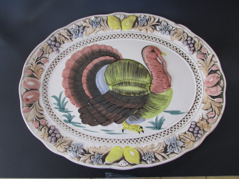 Turkey Platter Antique/vintage DECORATIVE TURKEY PLATTER, Thanksgiving ...