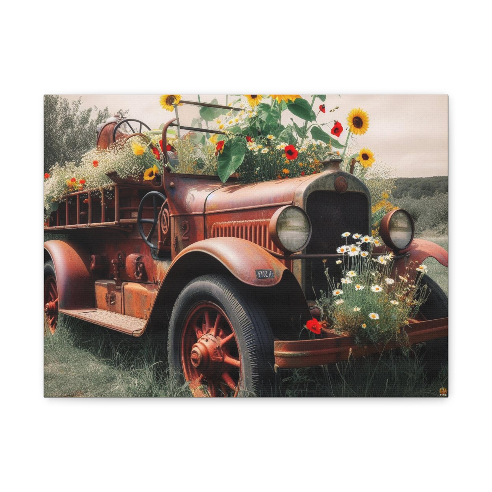 Vintage Fire Truck Digital Art With Flowers Canvas Gallery Wrap - Etsy