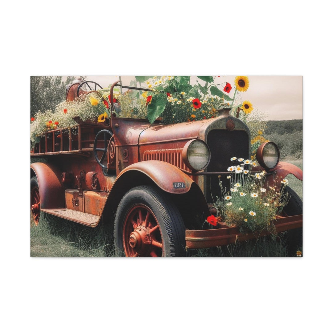 Vintage Fire Truck Digital Art With Flowers Canvas Gallery Wrap - Etsy