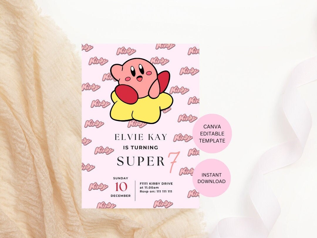 EDITABLE| KIRBY Birthday Invitation Template, Kawaii, Girls Cute Birthday, Kirby Party, Star ...