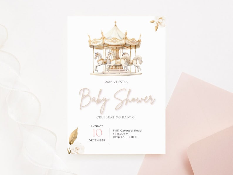 Baby Shower Invitation Antique Golden Carousel Invite Merry-go-round ...