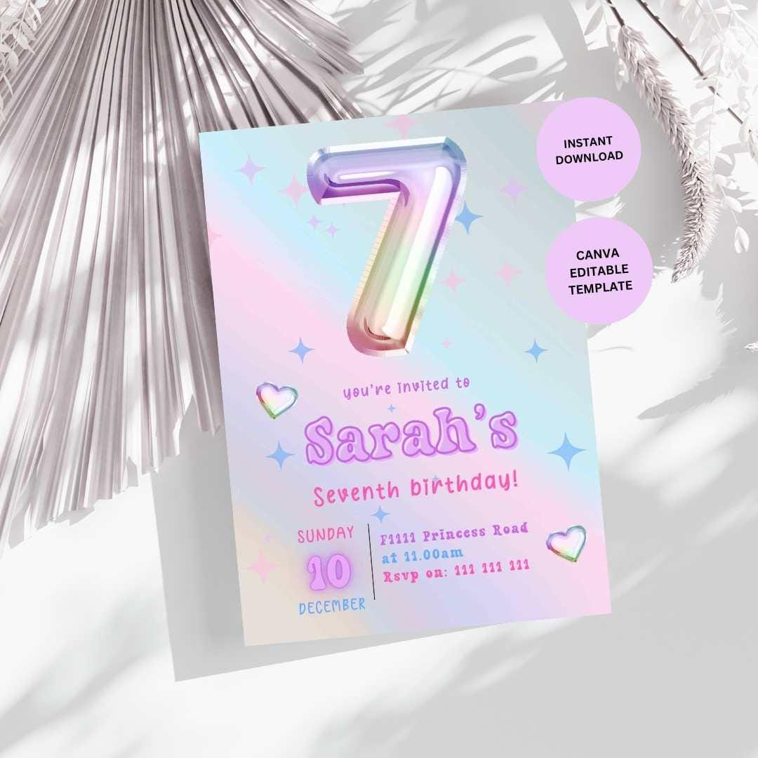7th Birthday Invitation Girls Seventh Birthday Party Rainbow Purple ...