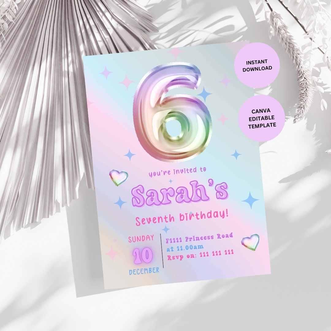 6th Birthday Invitation Girls Sixth Birthday Party Rainbow Purple ...