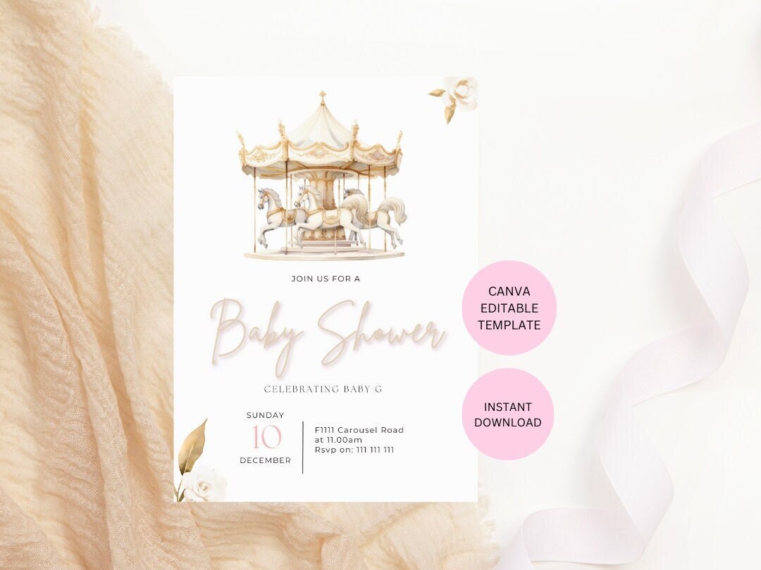 Baby Shower Invitation Antique Golden Carousel Invite Merry-go-round ...