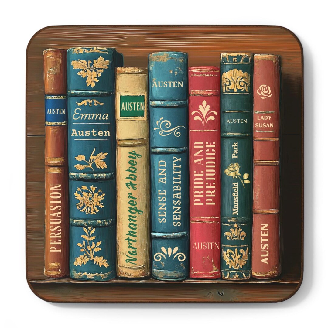 Jane Austen Bookshelf Coaster: Pride and Prejudice, Emma, Persuasion ...