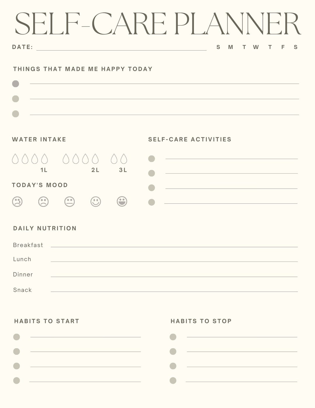 Simple And Minimal Printable Self Care Planner Etsy