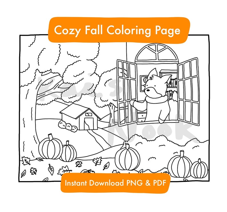 Fall Coloring Page, Cute Cozy Coloring Page, Fox and Pumpkins - Etsy