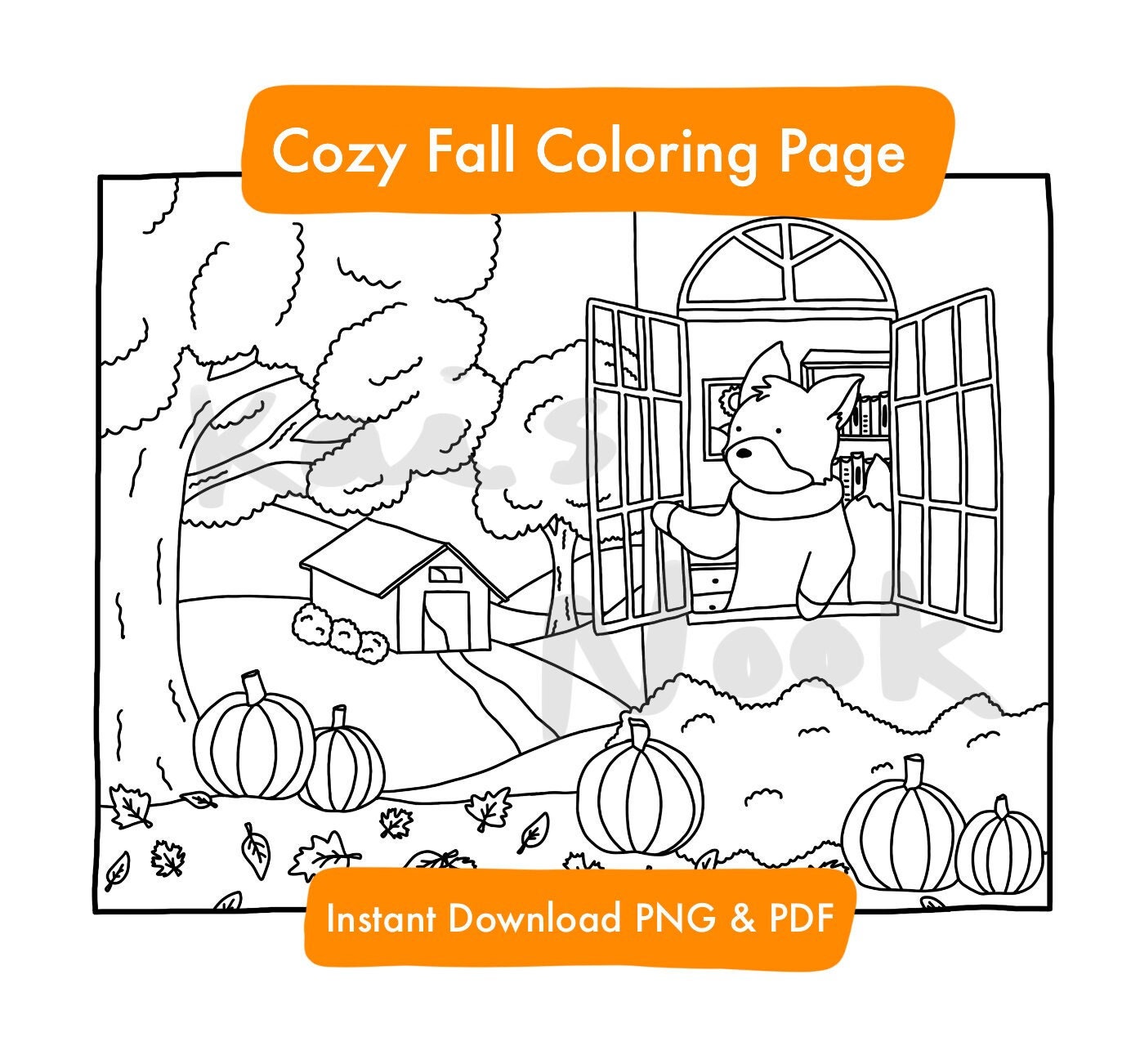 Fall Coloring Page, Cute Cozy Coloring Page, Fox and Pumpkins - Etsy