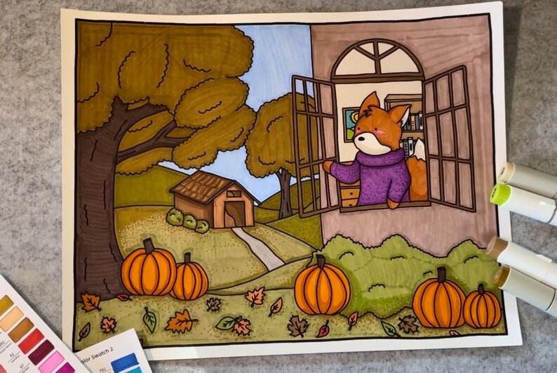 Fall Coloring Page, Cute Cozy Coloring Page, Fox and Pumpkins - Etsy