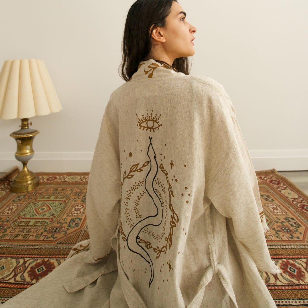 Organic Hemp Cotton Kimono Robe, Handmade Wood Block Print Bathrobe ...