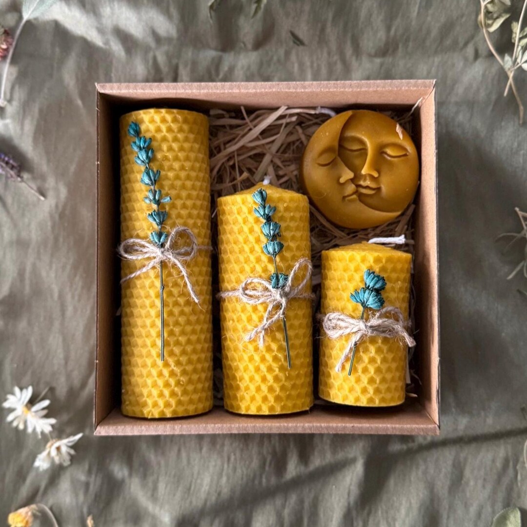 Beeswax Pillar Candle Set Pure Beeswax Moon Sun Candle Gift Set Natural ...