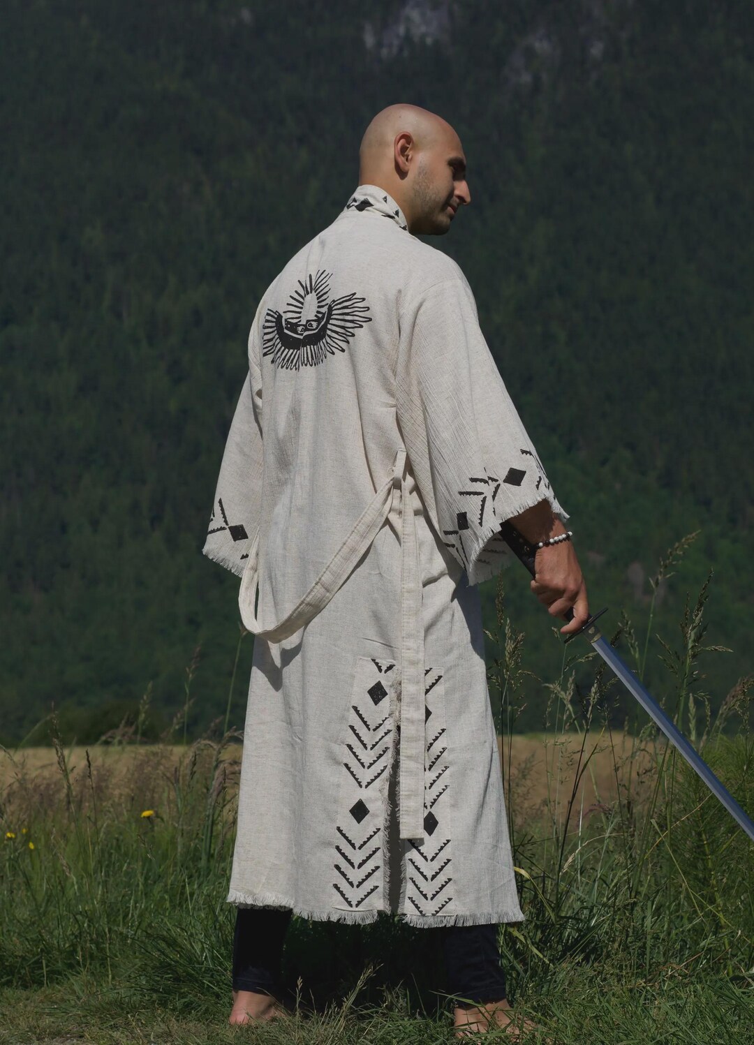 Organic Linen Bathrobe Handmade Wood Blocks Printed, Linen Kimono Robe ...