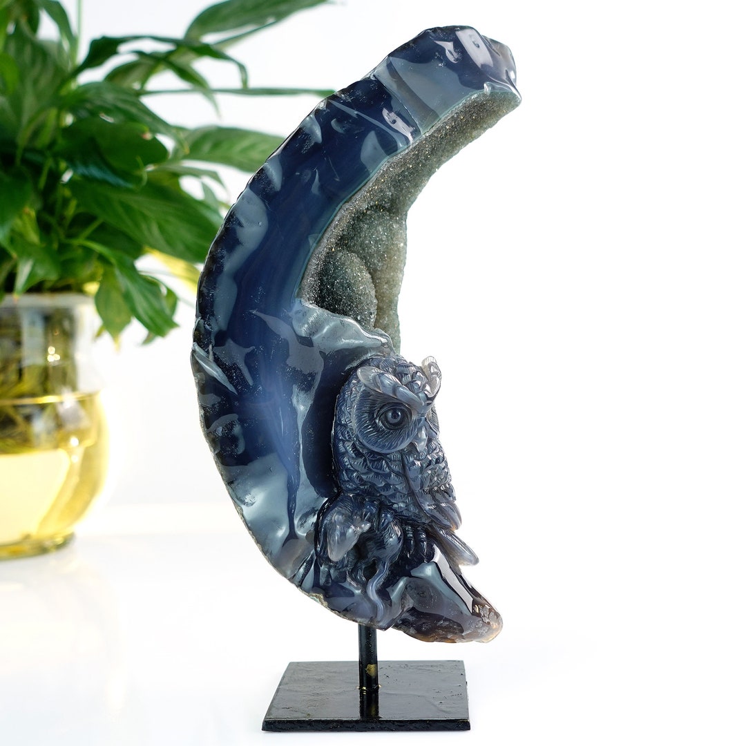 7.5 Inch Owl Statue Amethyst Clust Druse Geode Stone Hand Carved ...