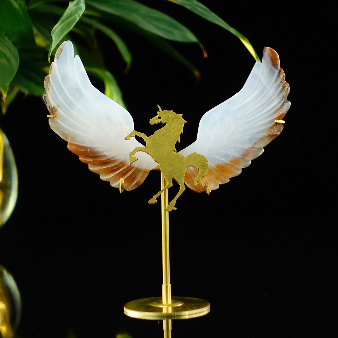 3.4” Blue Chalcedony Hand Carved Crystal Horse Wings + Stand Sculpture ...