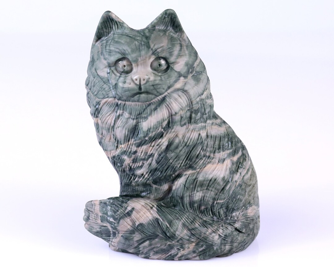 Jiulong Jade Cat Sculpture: Hand Carved Crystal Persian Decor (4.1") - Etsy