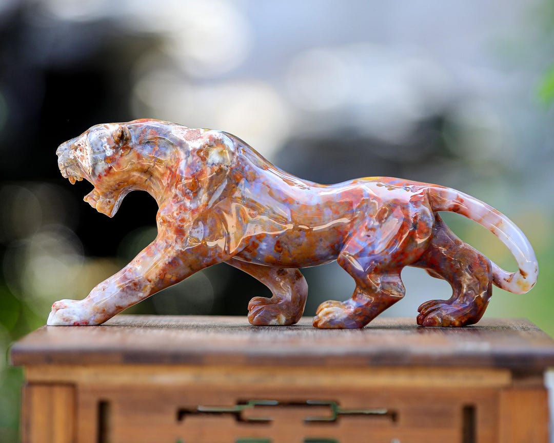 11.4” Natural Chalcedony Hand Carved Crystal Leopard Sculpture, Unique ...