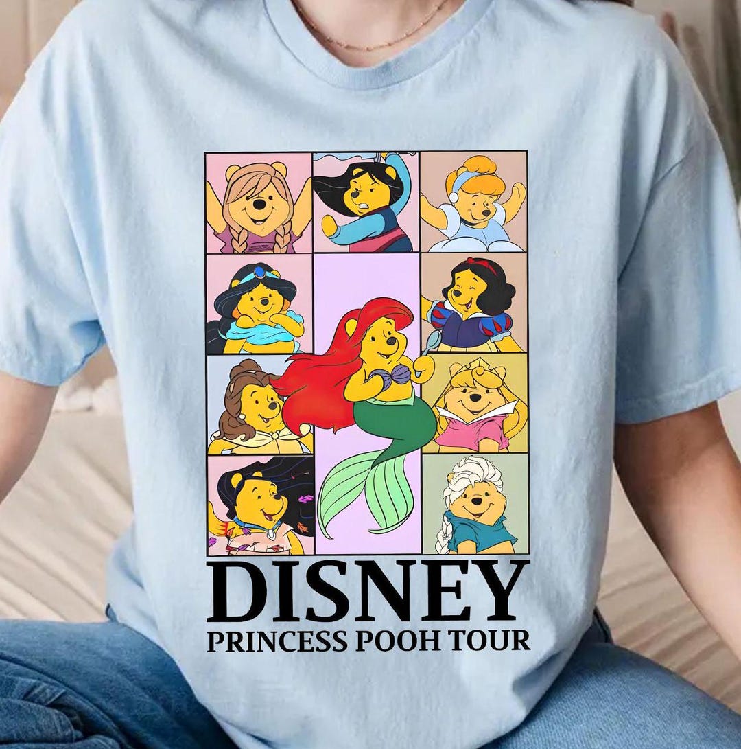 Funny Disney Princess Pooh Tour Photos Shirt | Belle Aurora Elsa Ariel ...