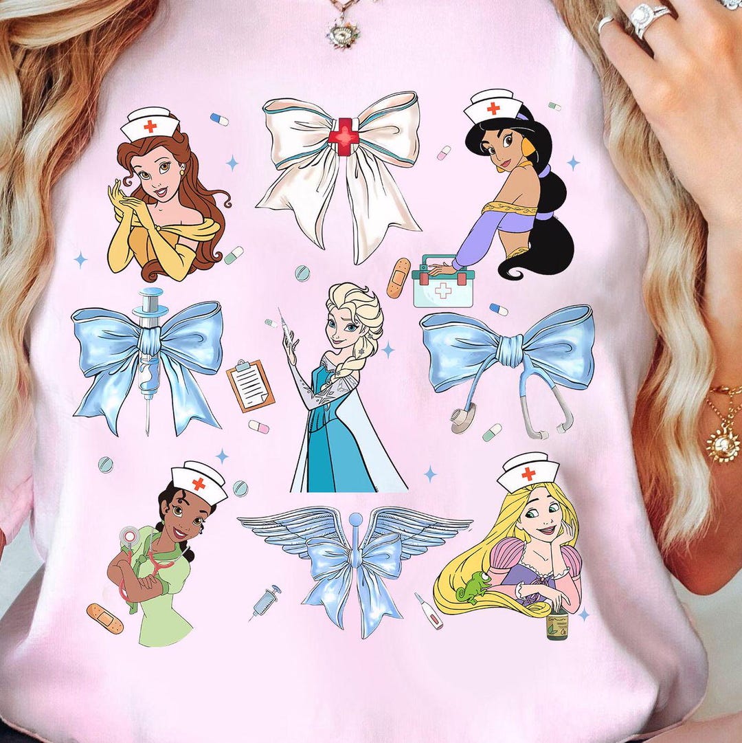 Coquette Bows Disney Princess Nurse Shirt | Elsa Belle Tiana Jasmine ...