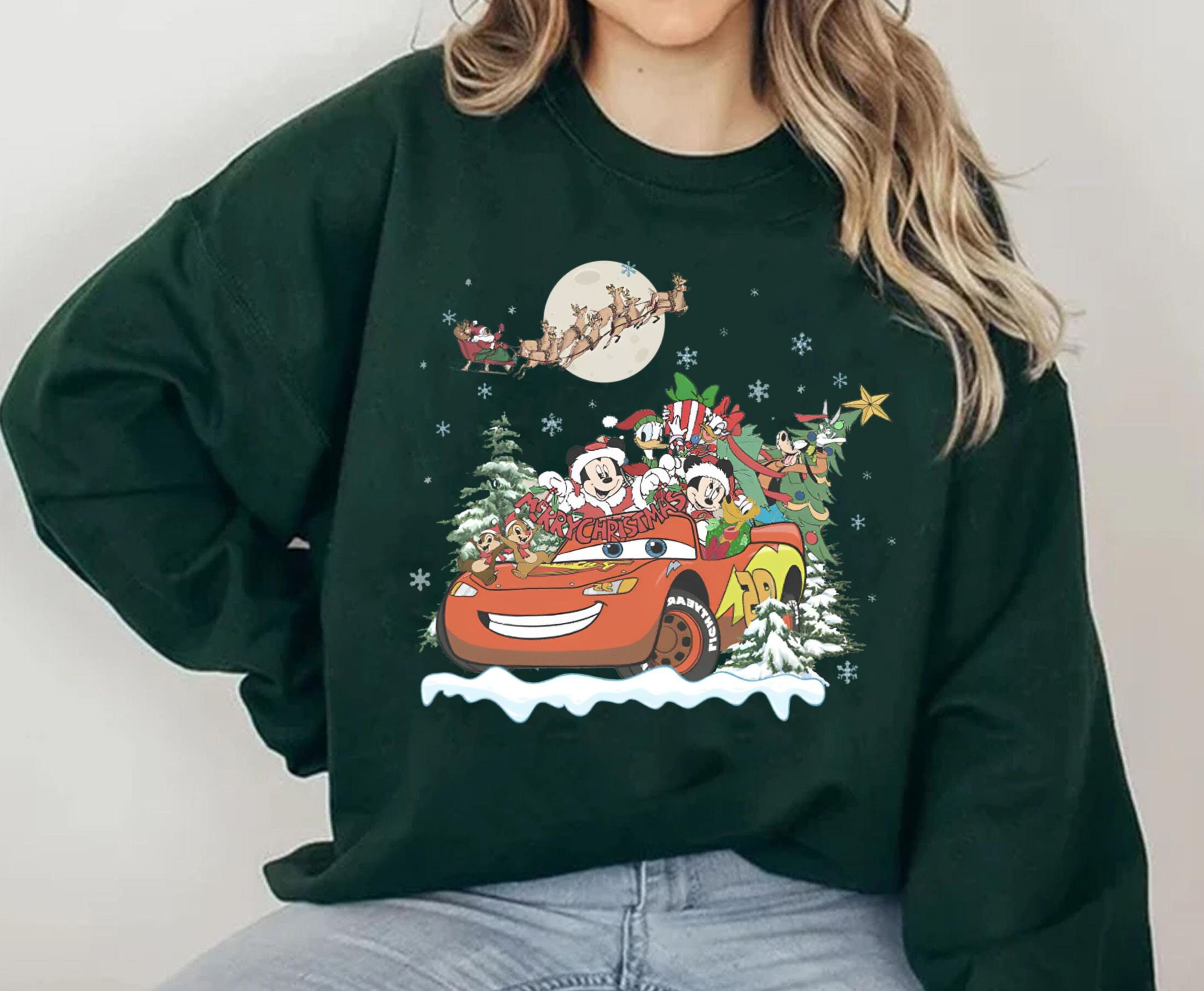 Retro Mickey & Friends Christmas Cars Sweatshirt | Lightning Mcqueen ...