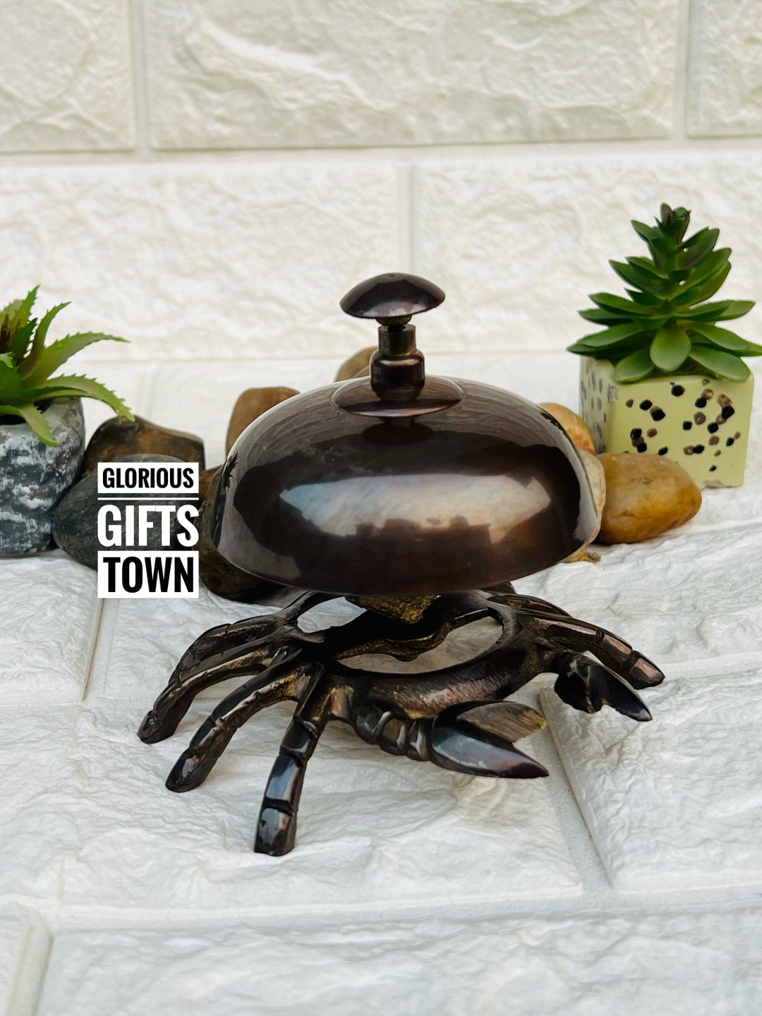 Brass Desk Bell, Custom Engraved Crab Bell, Personalized Aura Ring ...