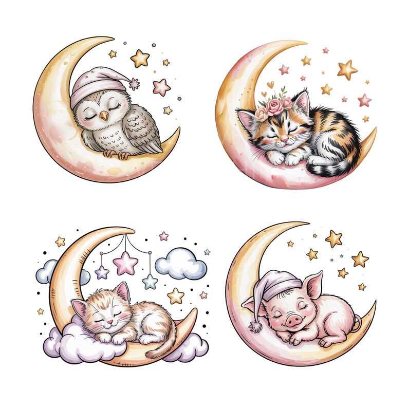 Sleeping Animal Clipart Bundle, Watercolor Baby Animals on Moons Pngs ...