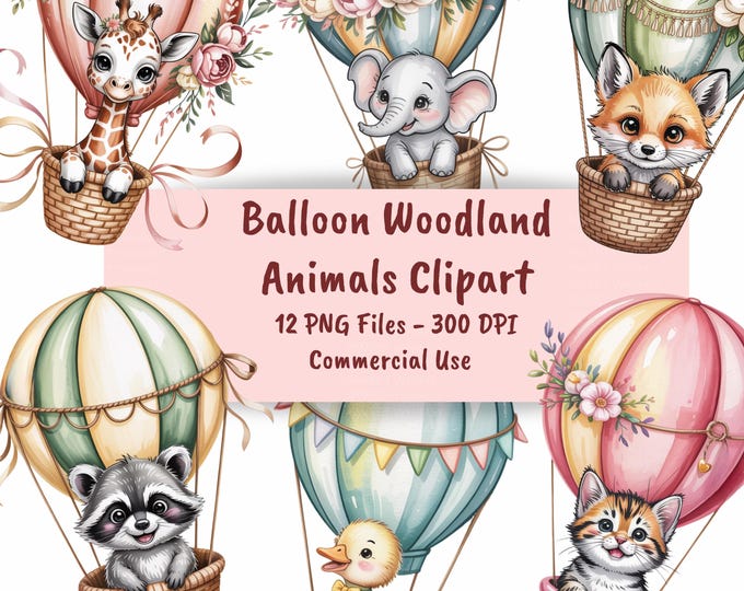 Hot Air Balloon Animals Clipart Set, Woodland Animals in Hot Air ...