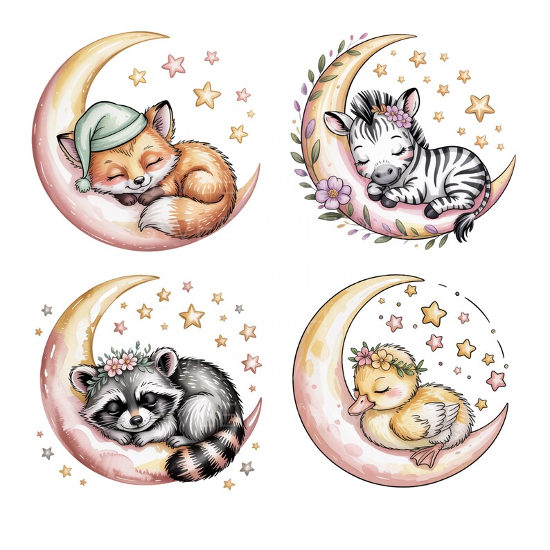 Sleeping Animal Clipart Bundle, Watercolor Baby Animals on Moons Pngs ...