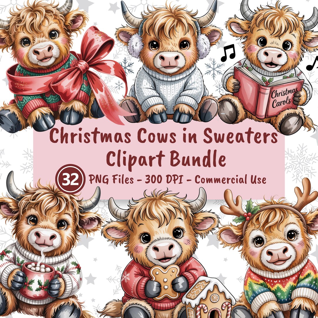 Christmas Cows in Sweaters Clipart PNG Bundle, Highland Cow Clipart ...