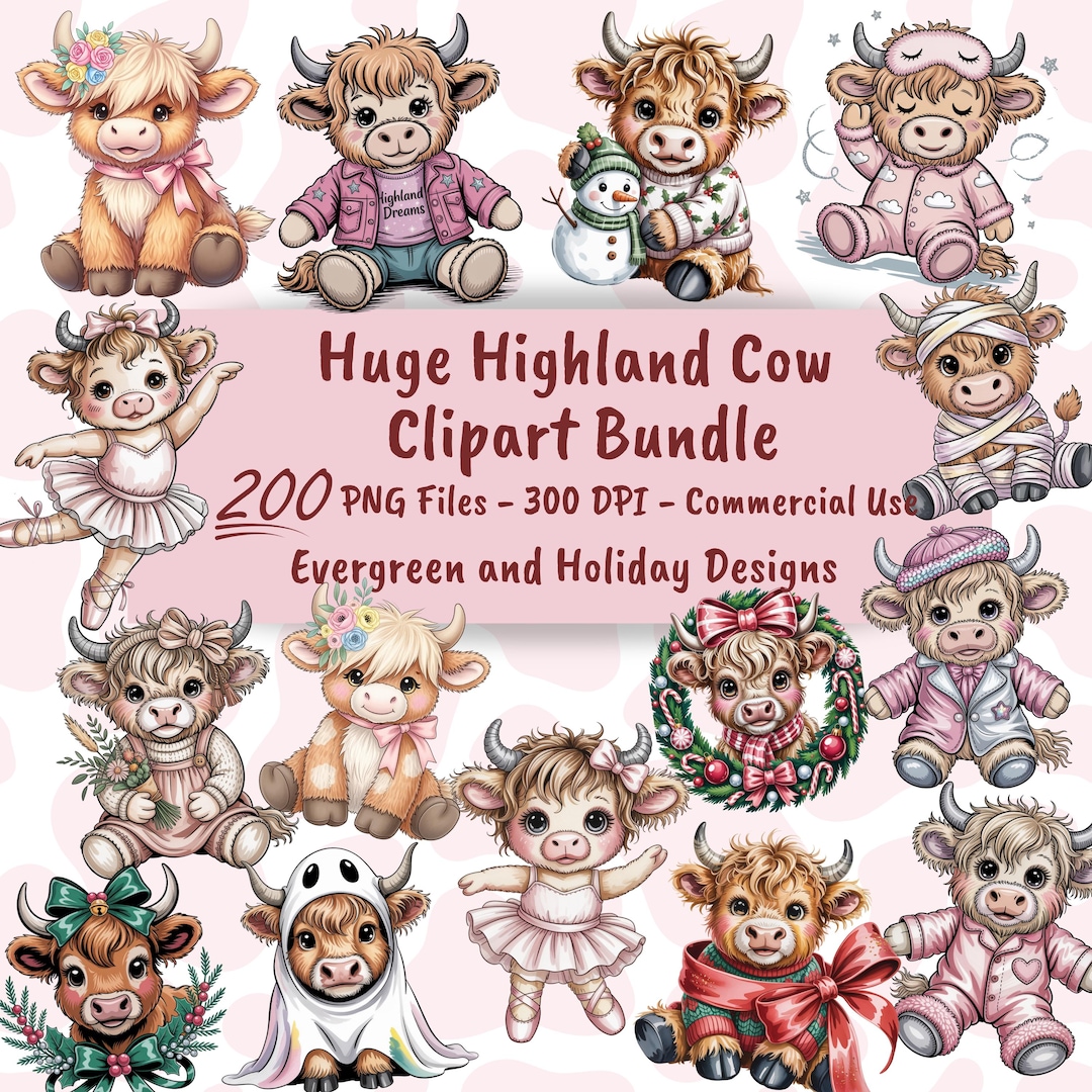 200 Highland Cow Clipart Mega Bundle, Cute Baby Cow Pngs, Watercolor ...