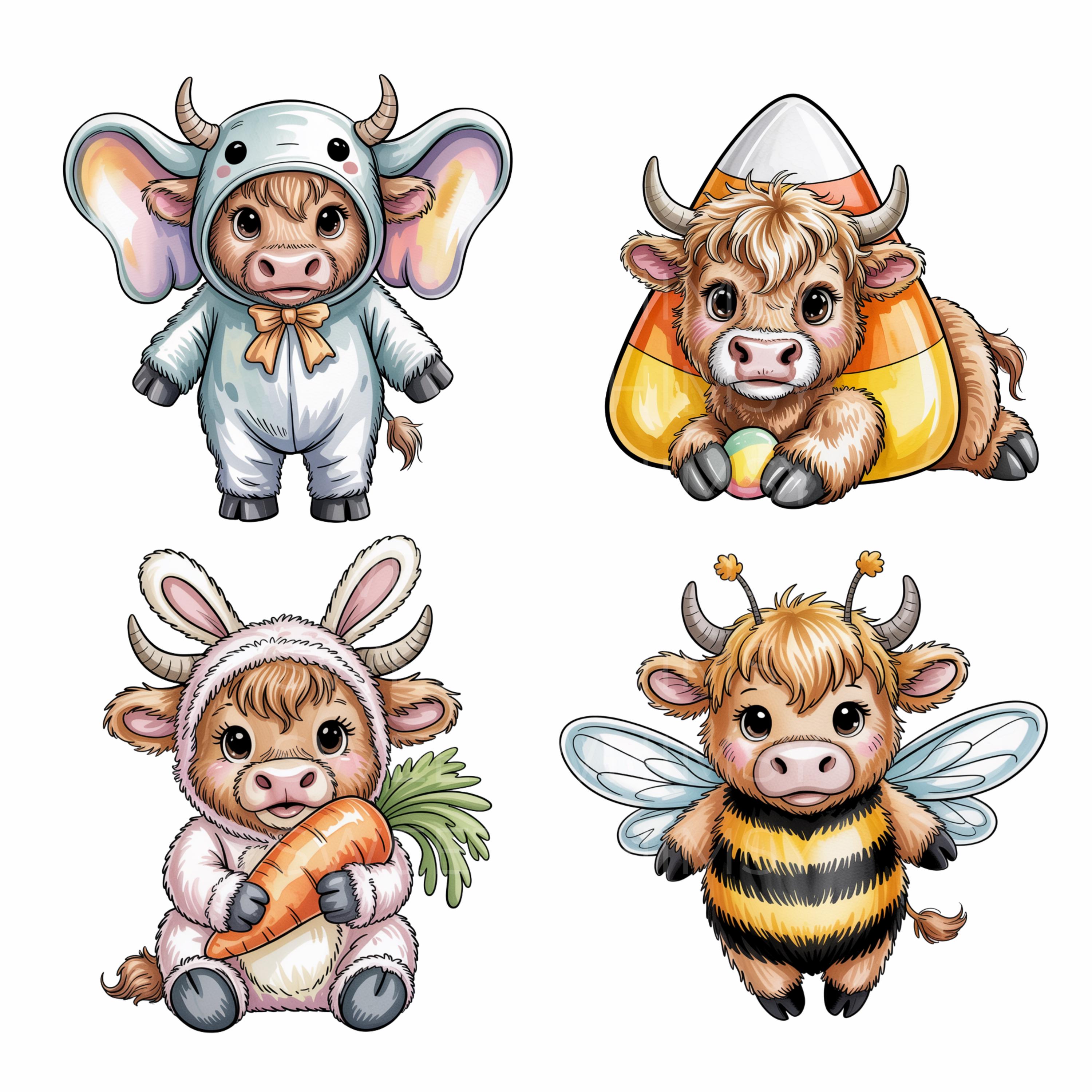Halloween Highland Cow Clipart Bundle, Baby Cows in Costumes Pngs ...