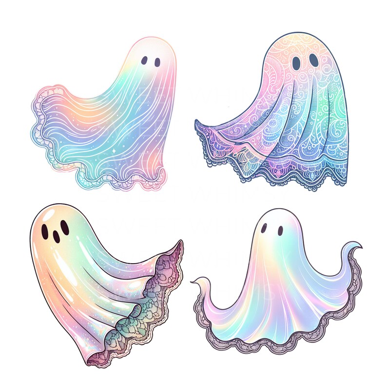 Iridescent Lace Ghost Clipart PNG Bundle, Halloween Ghost Sublimation ...