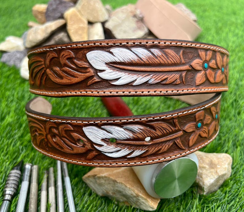 Handmade Carving Leather Belt, Feather Design, Removable Buckle - Etsy