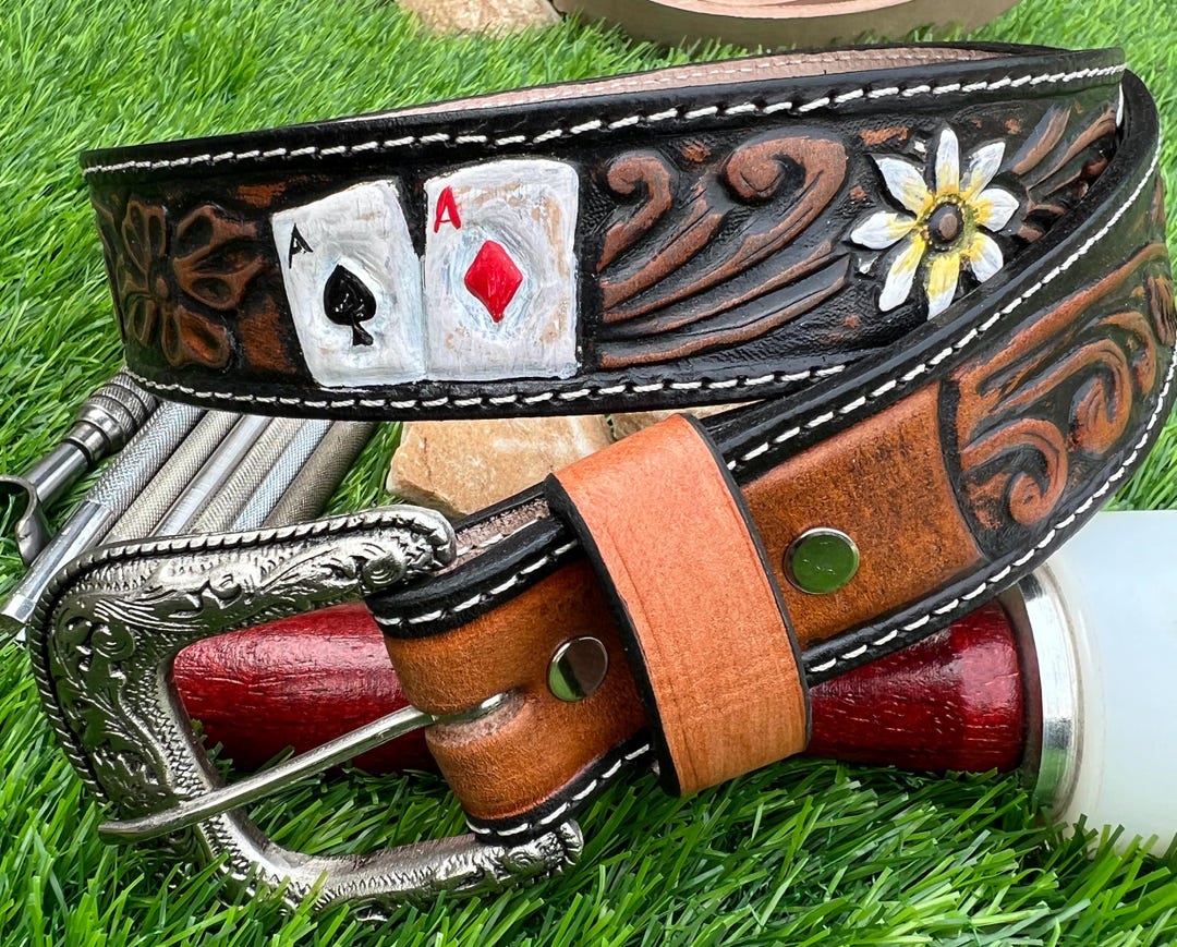 Handmade Carving Leather Belt, Cards Design, Removable Buckle - Etsy