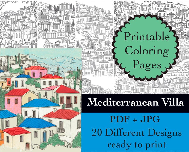 Mediterranean Villa Coloring Book: 20 Printable Travel Pages (digital ...