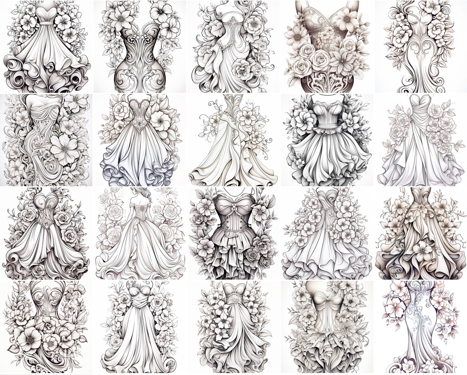 Fashion Dress Designs Coloring Book: 20 Printable Pages (digital ...