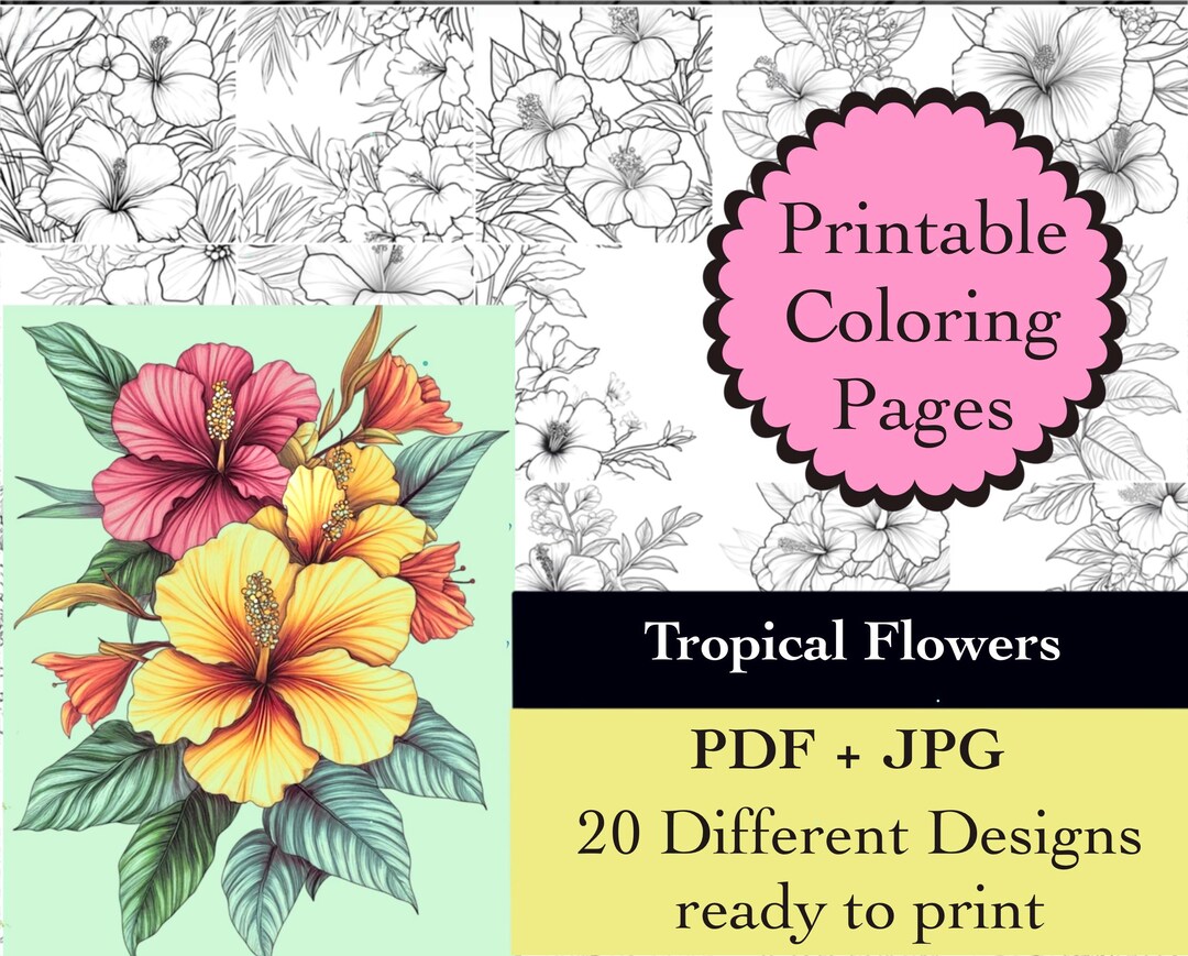 Tropical Flowers Coloring Book 20 Floral Coloring Pages Instant ...