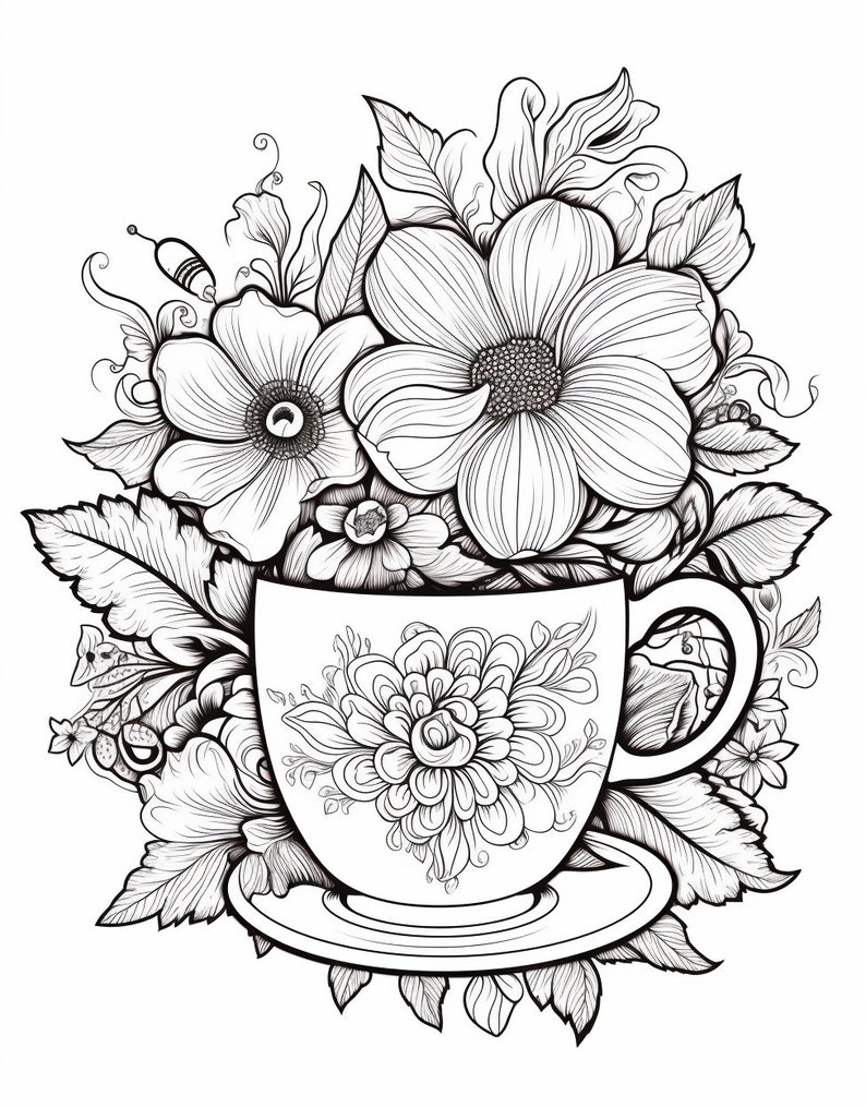 Tea Cup Coloring Book 20 Tea Coloring Pages Instant Download Floral Tea ...