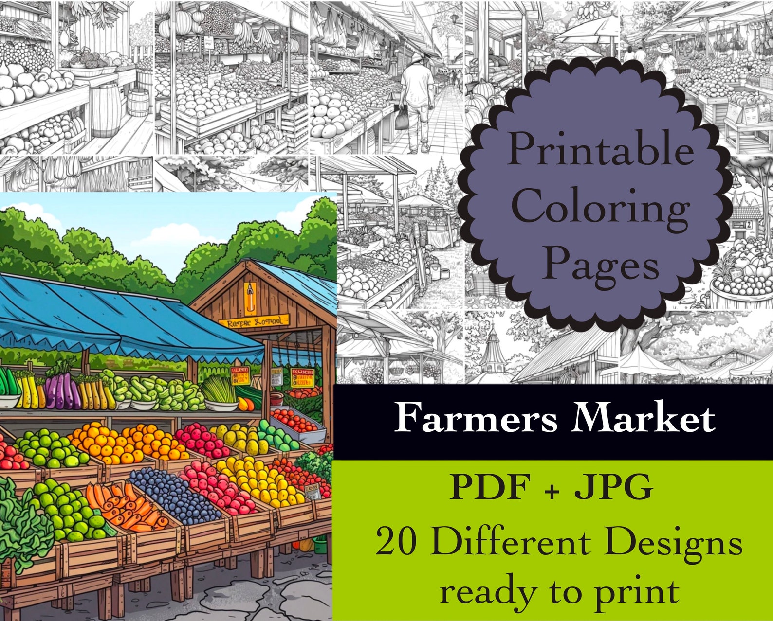 Farmers Market Coloring Book 20 Coloring Pages Instant Download ...