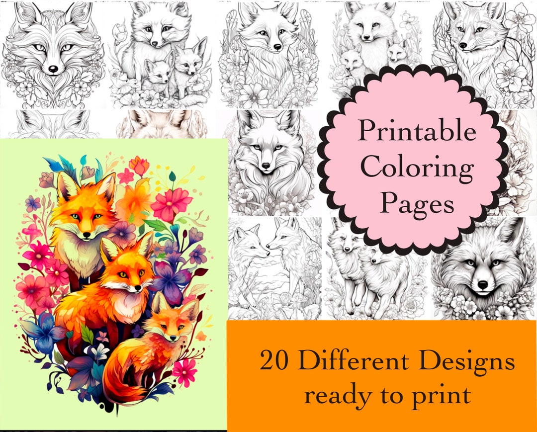 Foxes Coloring Book 20 Fox Coloring Pages Instant Download Floral Fox ...