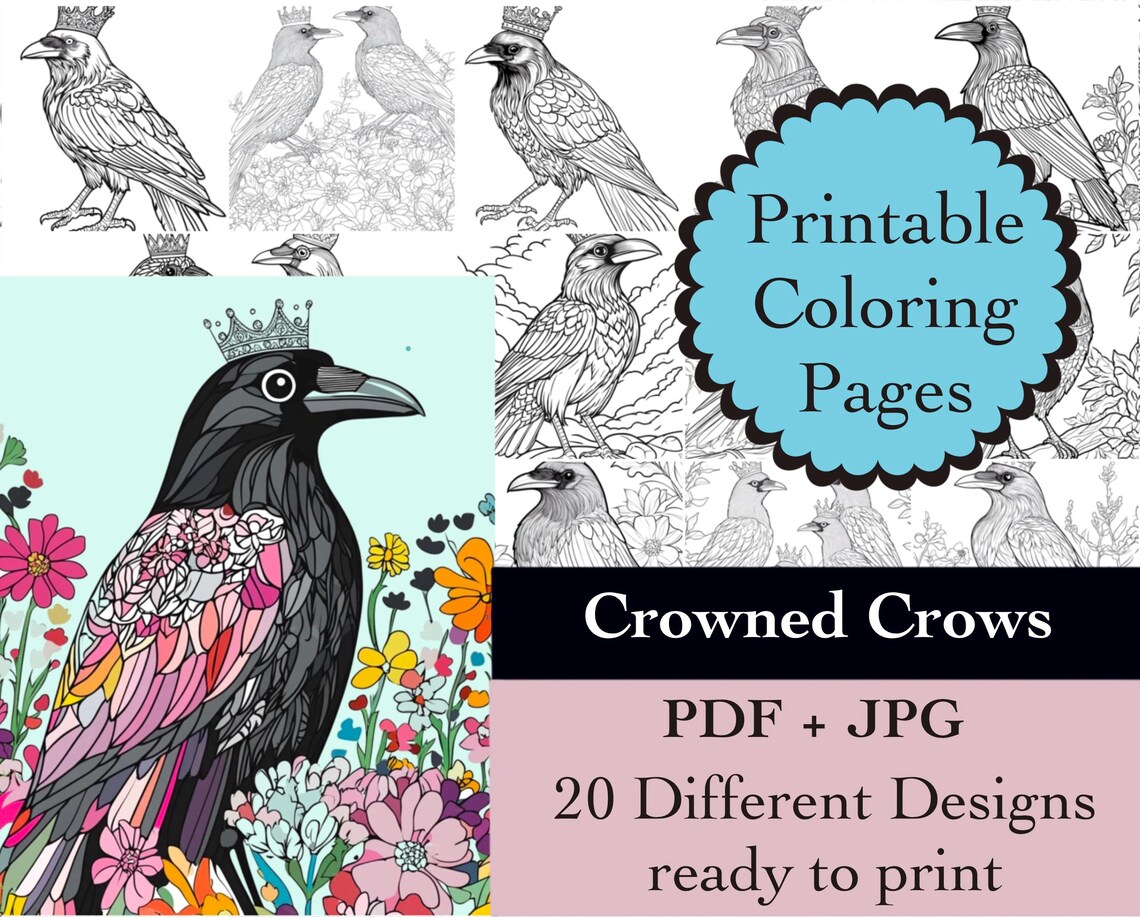 Crowned Crows Coloring Book 20 Birds Coloring Pages Instant Download ...